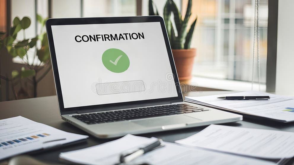 Payment Confirmation on Laptop Screen in Modern Office Setting Stock ...