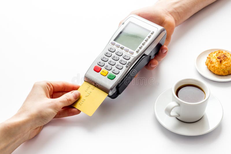 Payment by Credit Card. Terminal, Hands on White Restaurant Desk Top ...
