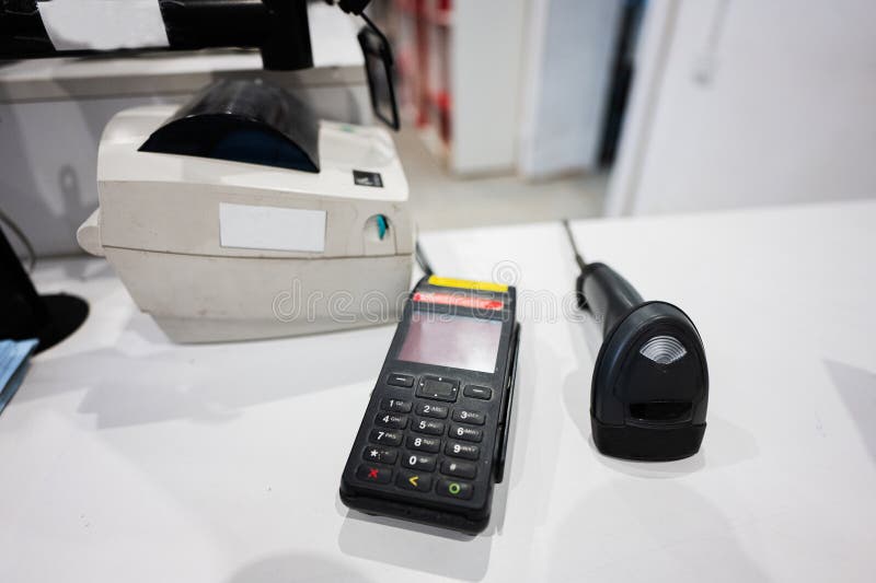 Payment Pos Terminal on a Store Counter Stock Photo - Image of ...