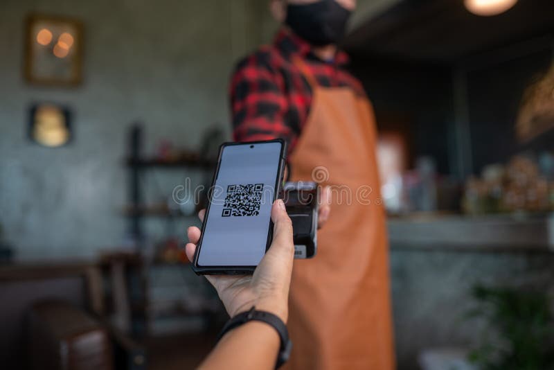 Payment by QR Code Via Credit Card Swipe Machine at the Cafe Stock ...