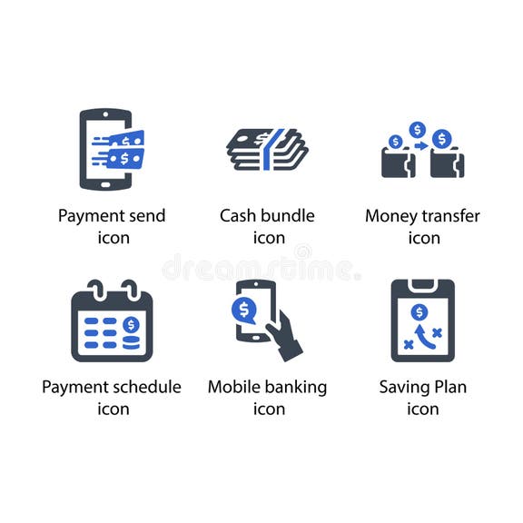 Payment Send, Cash Bundle, Money Transfer, Payment Schedule, Mobile Banking, Saving Plan, Icon ...