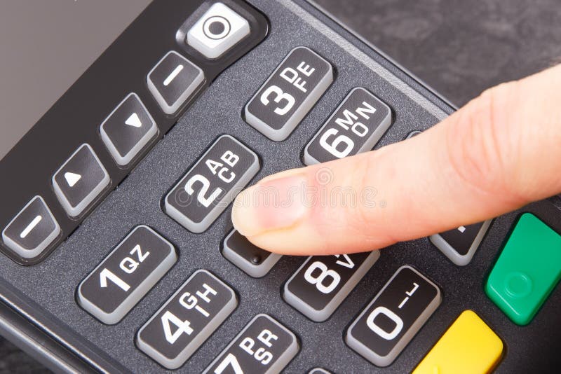 Payment Terminal and Finger Entering PIN Code. Credit Card Reader Using ...