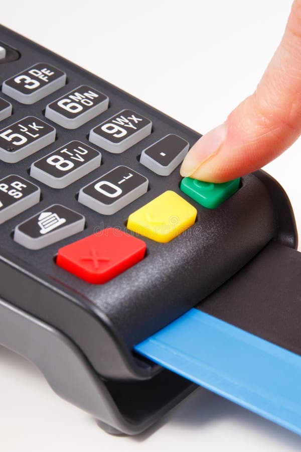 Payment Terminal and Finger Entering PIN Code. Credit Card Reader Using ...