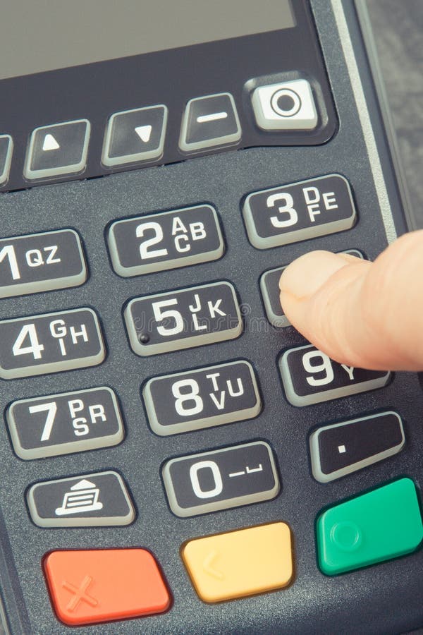 Payment Terminal and Finger Entering PIN Code. Credit Card Reader Using ...