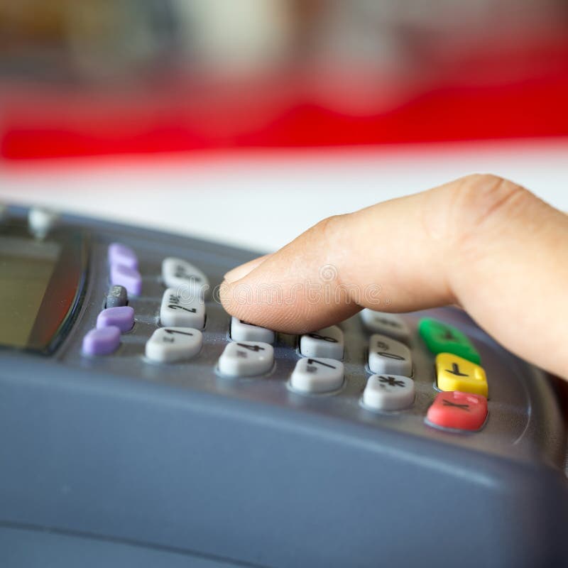 Payment Terminal with Keypad and a Finger Pressing on Button Stock ...