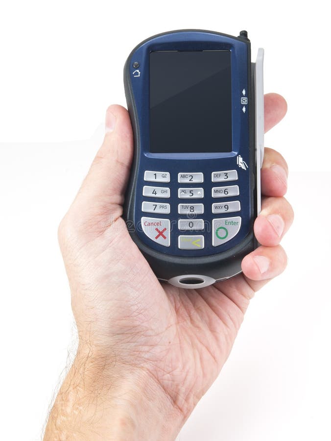 Payment terminal in palm stock photo. Image of point - 21634786