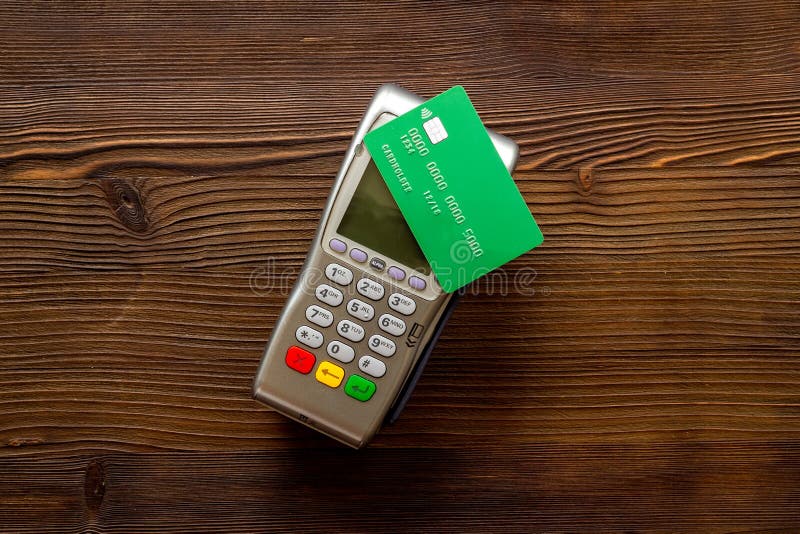 Payment Transactions with Pos Credit Card Terminal, Top View Stock ...