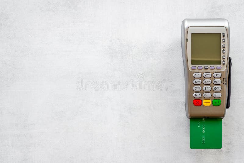 Payment Transactions with Pos Credit Card Terminal, Top View Stock ...