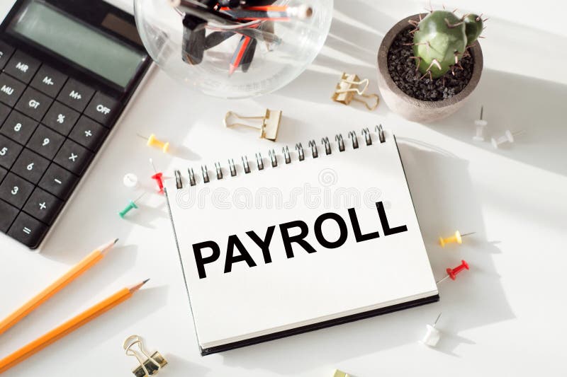 Payroll Concept with Workstation on a Light Green Wooden Desk Stock ...