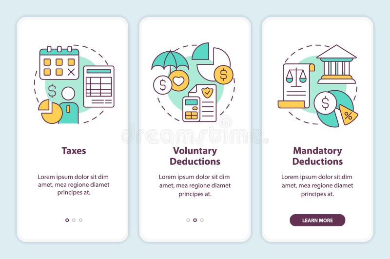 Payroll Deductions Types Onboarding Mobile App Screen Stock Vector ...