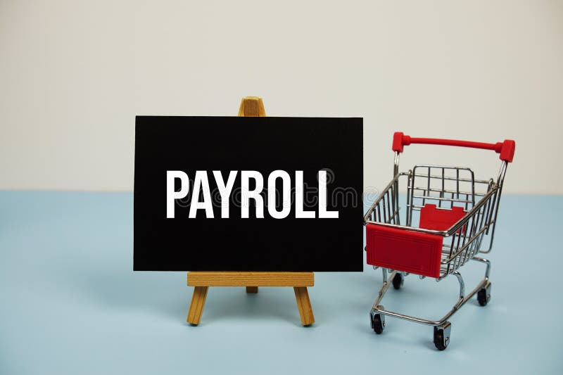 Payroll Text Message and Trolley Shopping Cart on Blue Background Stock ...