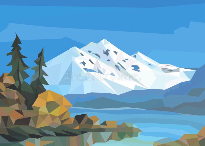 Paysage De Polygone Montagnes, Lac Et Arbres De Glace Illustration de ...
