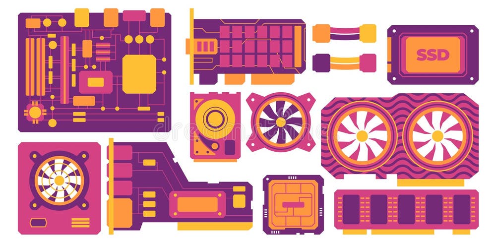 PC Component Parts Computer Elements Icon Set Collection Illustration ...