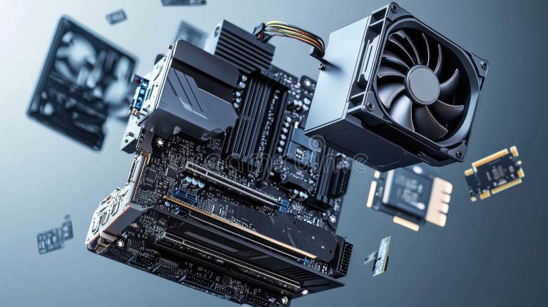 PC Components in Freefall Motherboard, CPU Cooler, 3D Render, Tech, PC ...