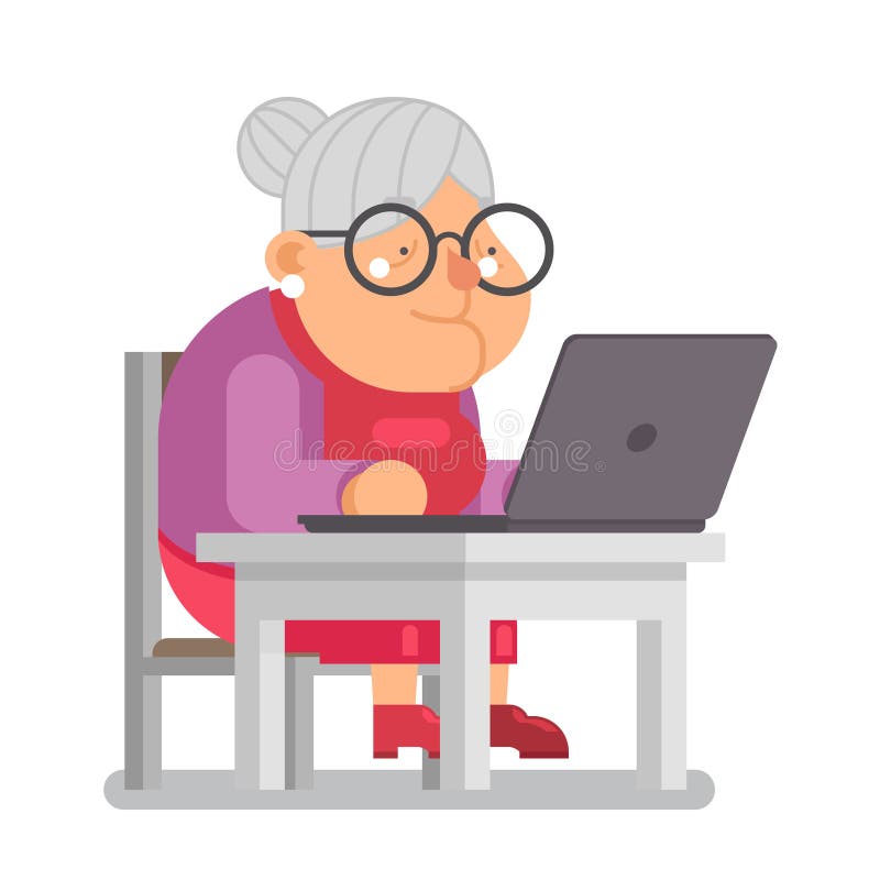 Pc Computer Granny with Old Lady Education Character Cartoon Flat ...