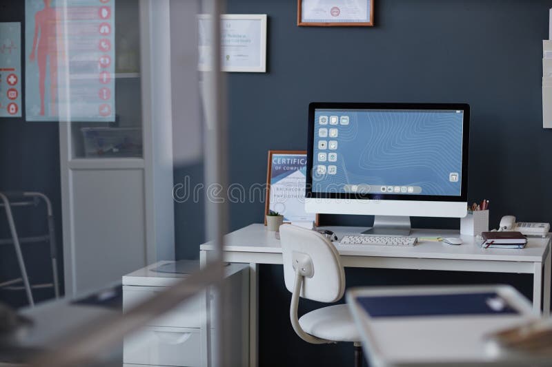 Pc Computer on Table in Medical Clinic with White Furniture Stock Photo ...