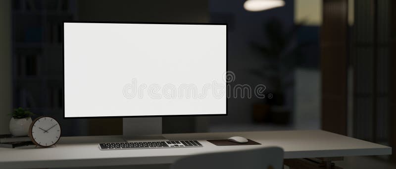 A PC Computer White-screen Mockup on a White Desk in a Modern Dark ...