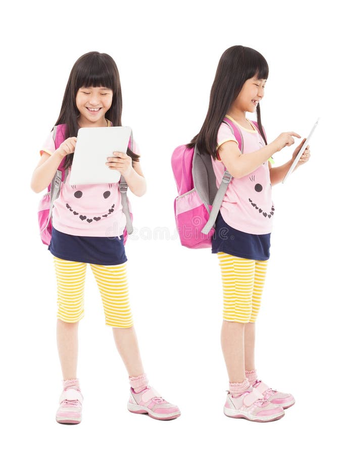 PC Da Tabuleta Tocante Do Estudante Da Menina Foto de Stock - Imagem de ...