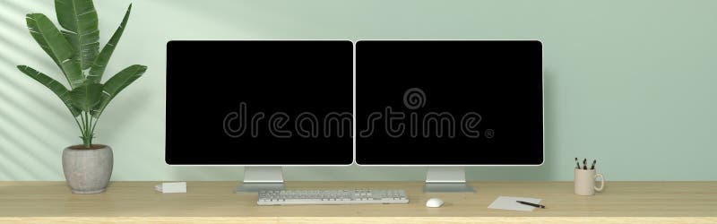 Pc Dual Screen Workstation Mockup Stock Illustration - Illustration of ...