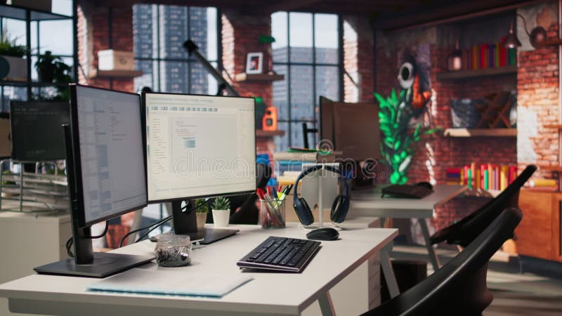 Computer Screen in Empty Software Development Agency Showing Code Stock ...