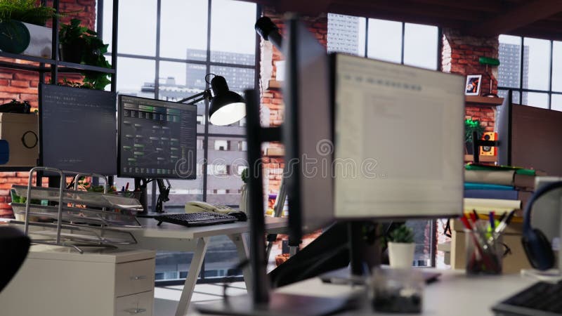 Computer Screen in Empty Software Development Agency Showing Code Stock ...