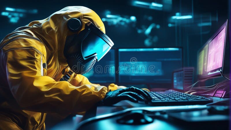 Computer Hacker in Yellow Hazmat Suit Stock Photo - Image of hacker ...