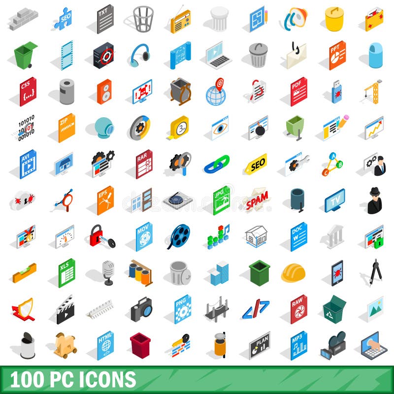100 Pc Icons Set, Isometric 3d Style Stock Vector - Illustration of ...