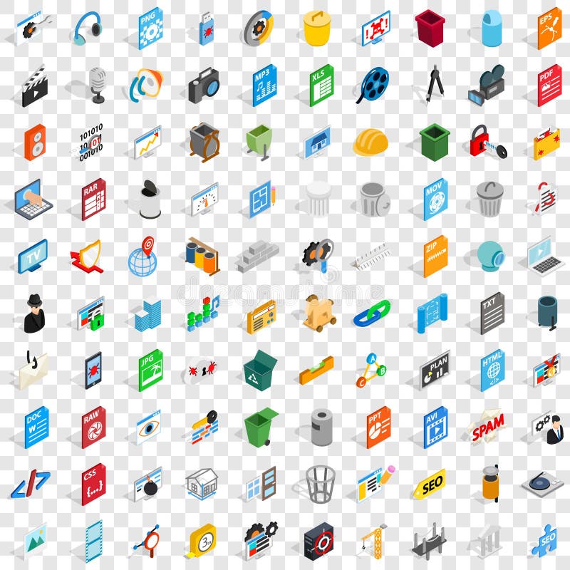 100 Pc Icons Set, Isometric 3d Style Stock Vector - Illustration of ...