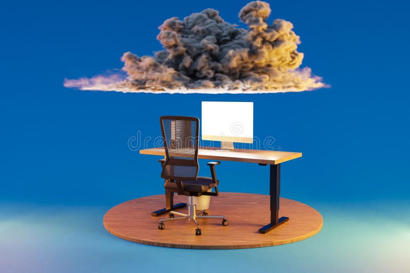 Pc Office Workplace on Infinite Background with Cloud Over Head ...