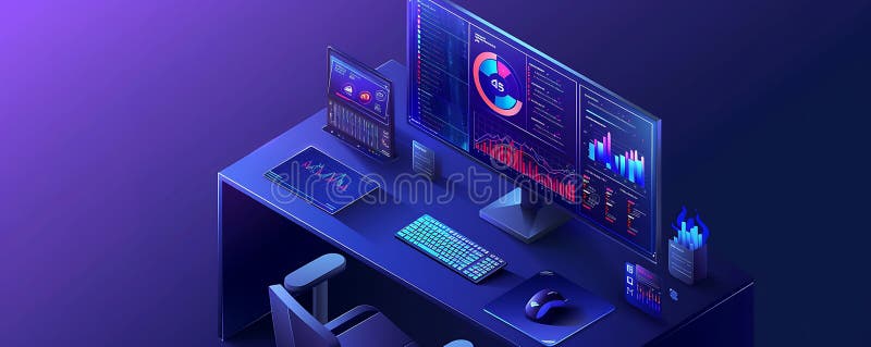 PC Setup with Futuristic Analytics Dashboard, Isometric Angle Stock ...