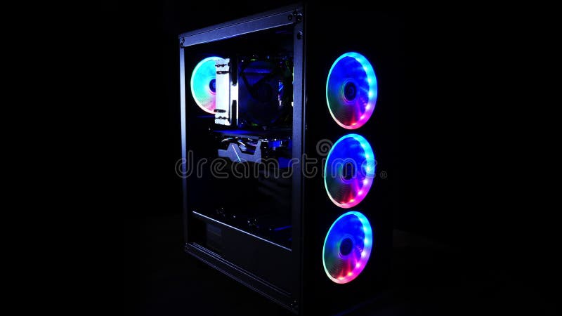 PC Standing in Dark Room. Led RGB Colorfull Lighting. Gaming PC ...