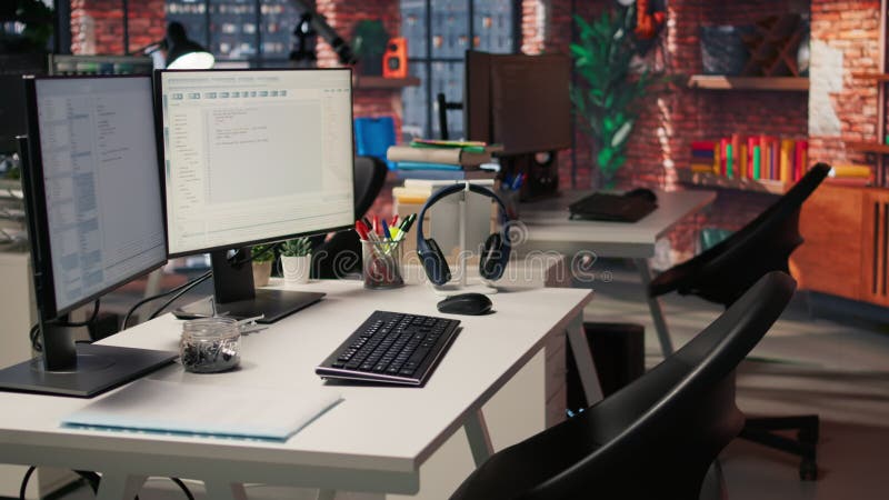 Technology Unicorn Venture Workspace with PC Used To Conduct Code Reviews Stock Video - Video of ...