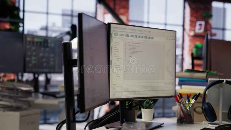 Technology Unicorn Venture Workspace with PC Used To Conduct Code Reviews Stock Video - Video of ...