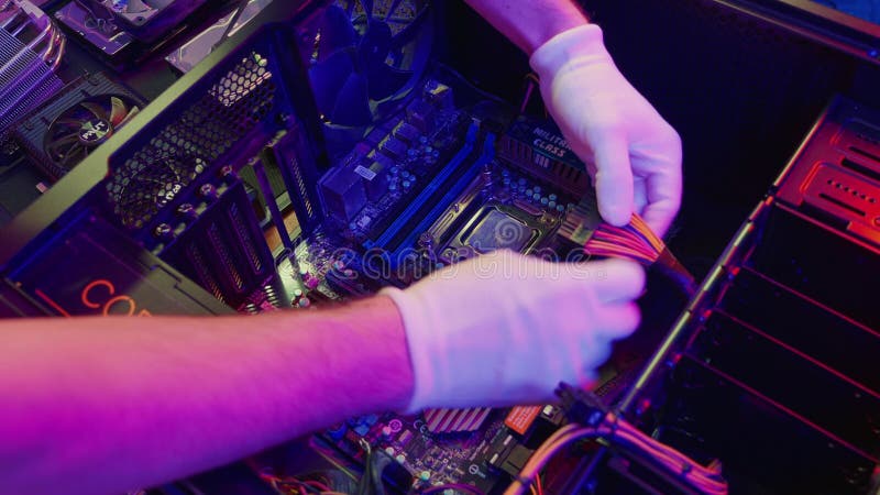 PC Technician Serves Modern Motherboard Close Up. Upgrading Computer ...