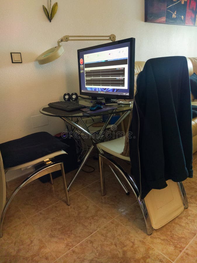 PC Workstation Area on Table in Appartment Stock Photo - Image of coat ...