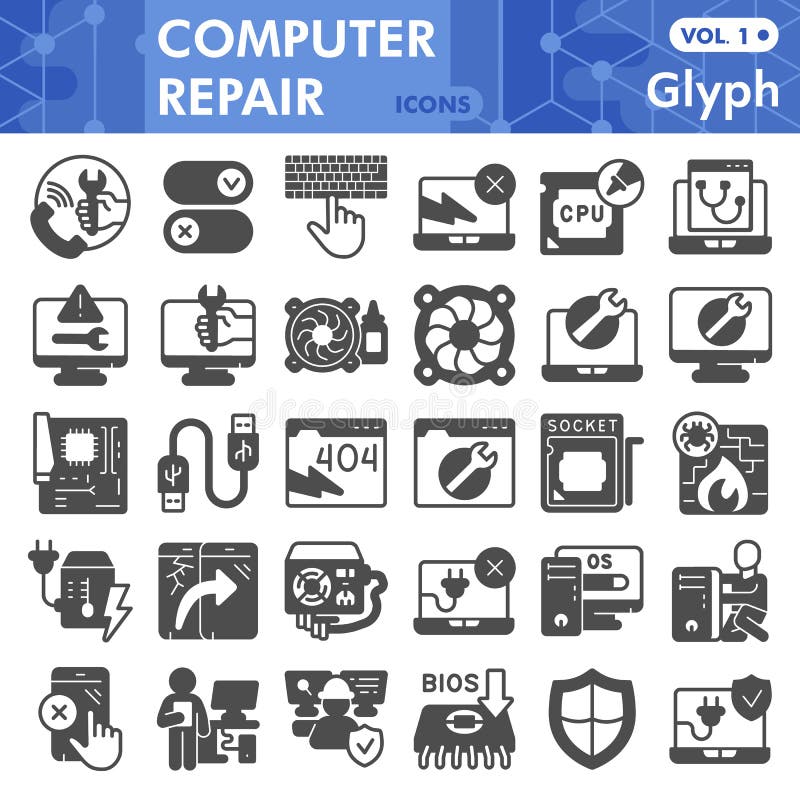 Pcrepair Solid Icon Set, Computer Symbols Collection or Sketches. Pc ...
