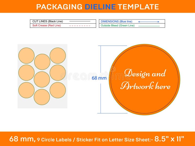 9pcs 68 Mm CIRCLE Labels Sticker Dieline Template Stock Vector ...