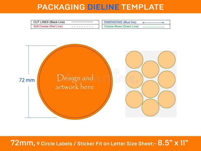 9pcs 72 Mm CIRCLE Labels Sticker Dieline Template Stock Vector ...
