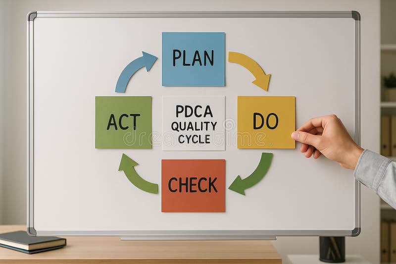 PDCA Quality Cycle Diagram on a Whiteboard with Color-coded Cards for ...