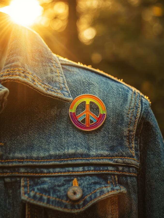 Peace Badge on Denim Jacket Symbolizing Diversity and Unity. Stock ...