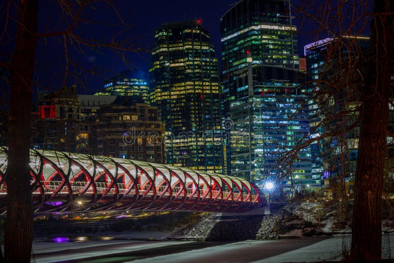 Peace Bridge Across the Bow River Calgary at Night Alberta, Canada ...