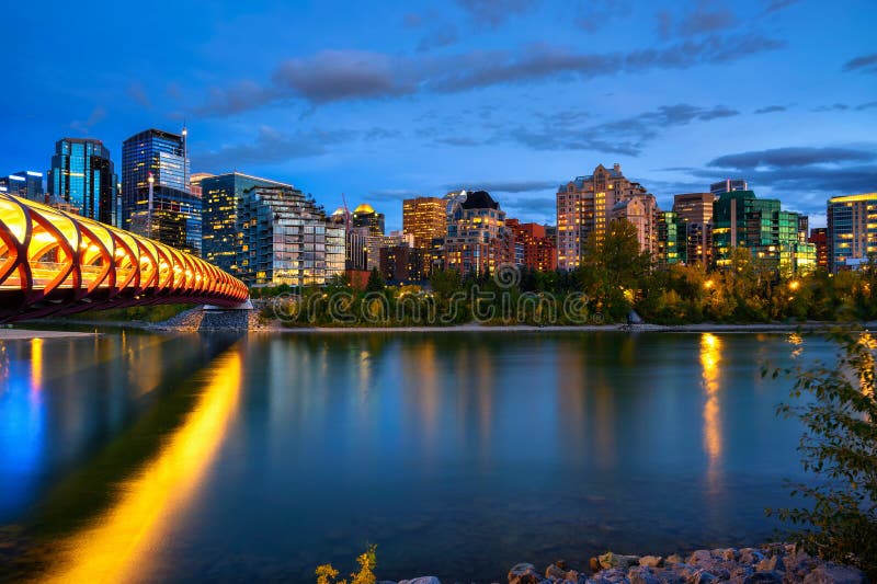 Peace Bridge Across the Bow River and Calgary Skyline Photographed at ...