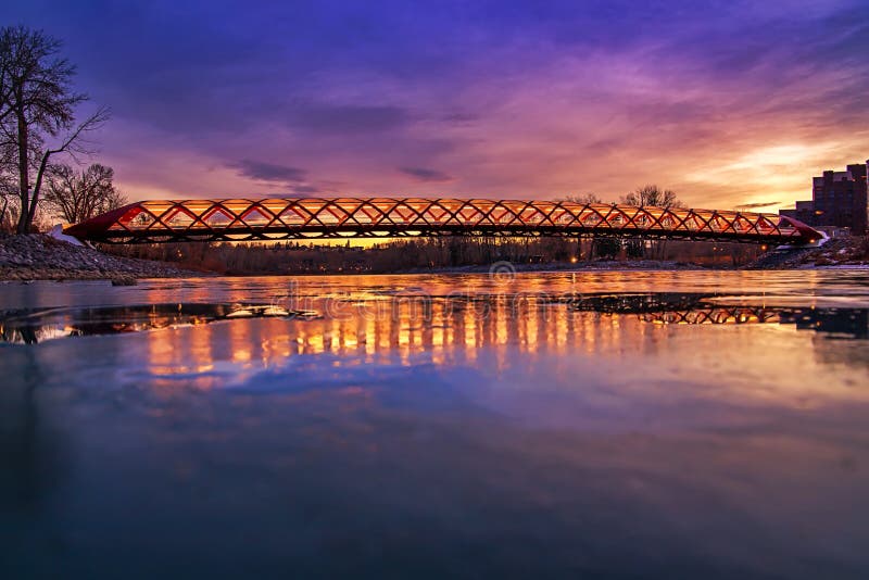 Peace Bridge Illuminated Over a Frozen River Editorial Stock Photo ...