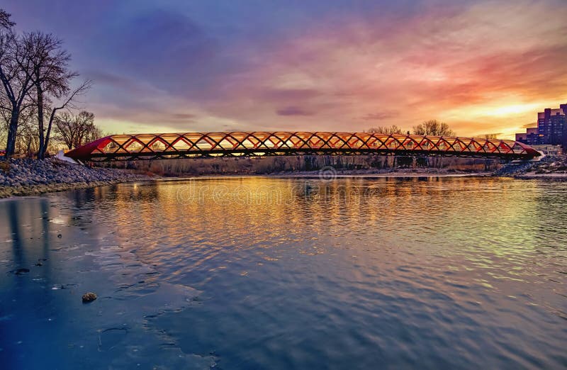 Peace Bridge Illuminated Over a Frozen River Editorial Stock Image ...