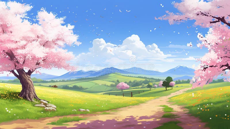 Peace on Earth with Cherry Trees Landscape, Cartoon Anime Style, Ai ...