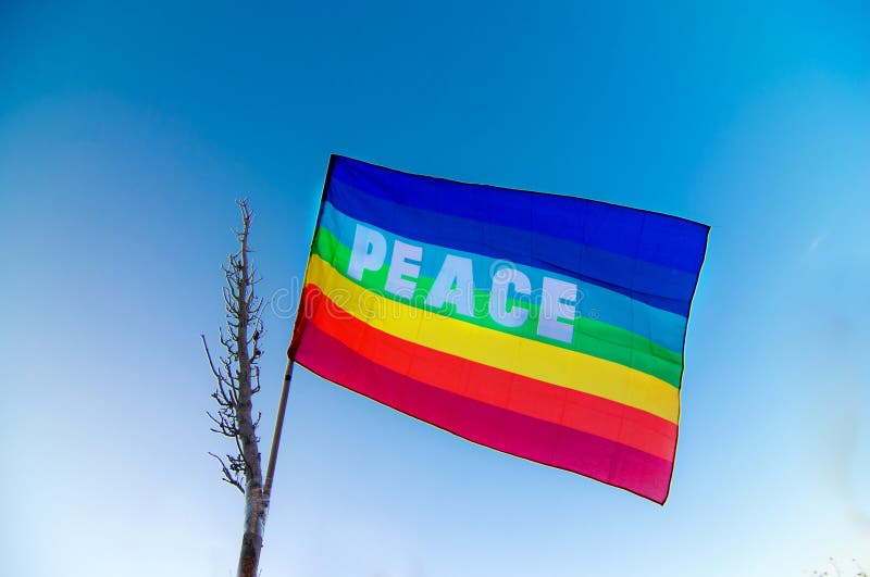 Peace flag in the blue sky stock photo. Image of humanity - 99631766