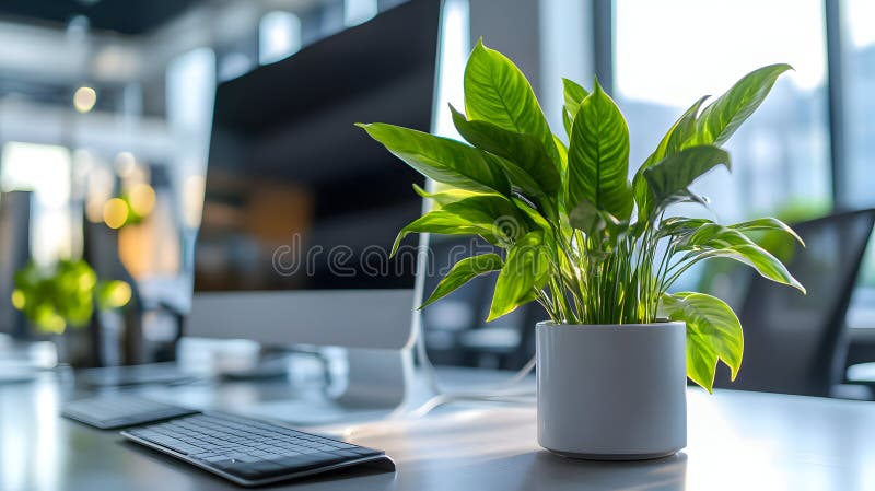Peace Lily in White Pot on a Desk with Computer and Keyboard in Bright ...