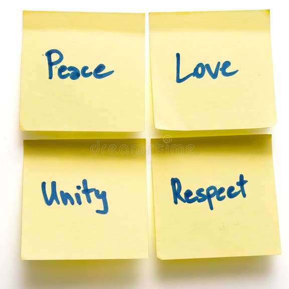 Peace Love Unity Respect Yellow Post-its on Board Stock Photo - Image ...