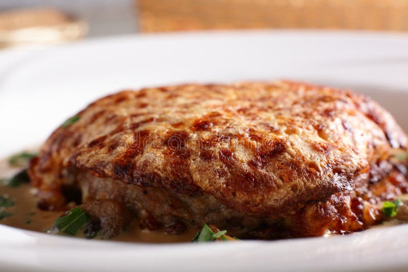 Peace of Meat on White Dish Stock Photo - Image of cooked, objects ...