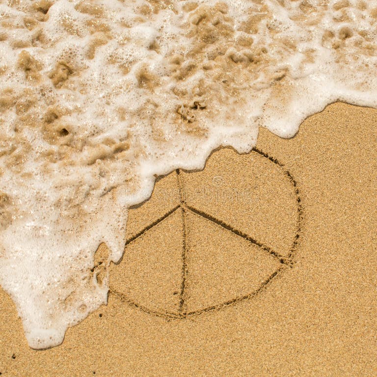Peace Sign Drawn on the Sand of a Beach with the Soft Wave. Stock Image ...